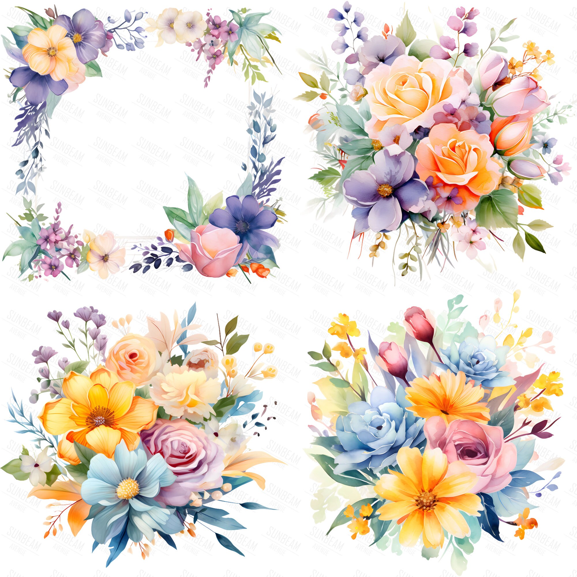 40 Bright Color Flowers Clipart Bundle, Transparent PNG, Flower ...