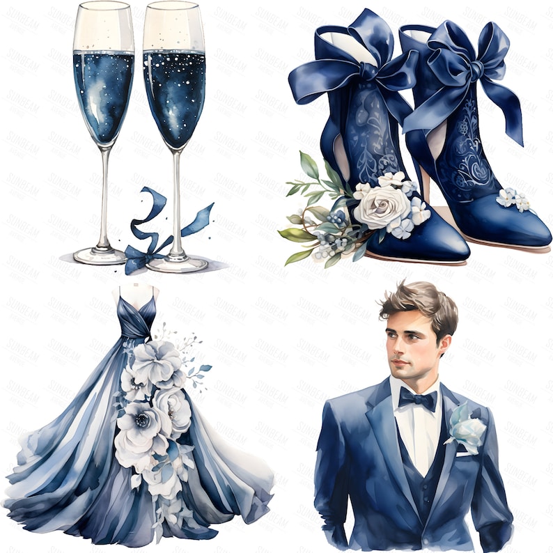 Set of 43 Navy Blue Wedding Day Clipart Bundle Watercolor, Transparent ...