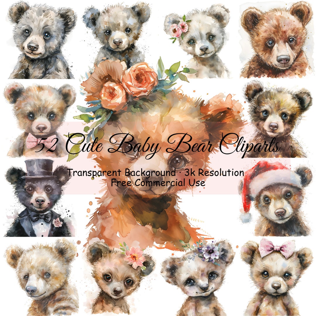 52 Cute Baby Bear Clipart Bundle, Transparent PNG, Cute Baby Animal ...