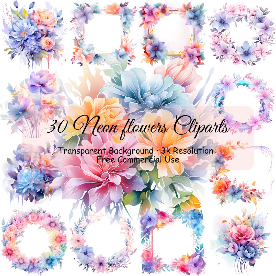 30 Neon Flowers Clipart Bundle, Transparent PNG, Flower Bouquets ...