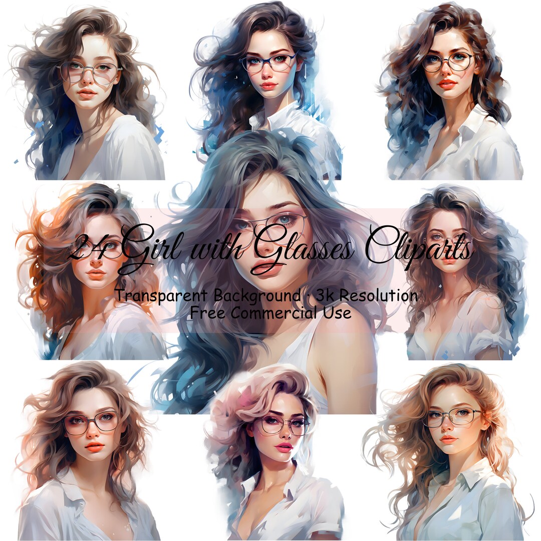24 Girl With Glasses Watercolor Bundle, Transparent PNG, Digital ...