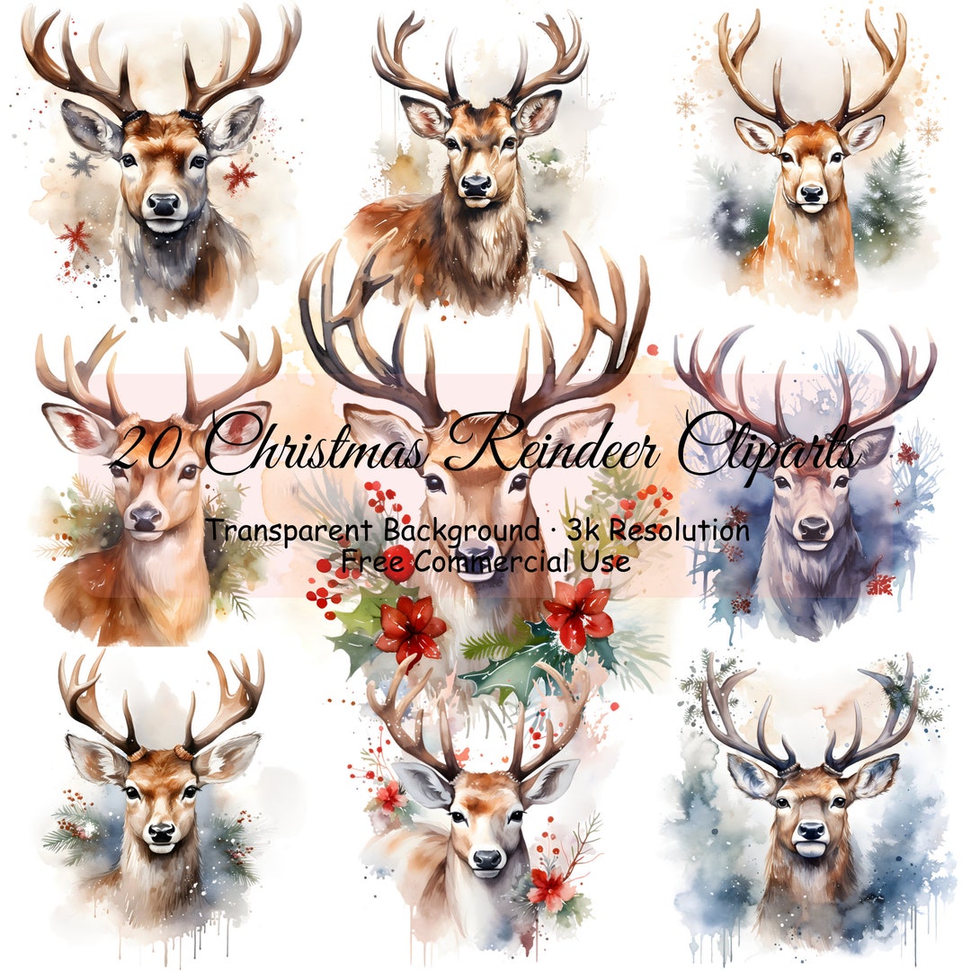 Set of 20 Christmas Reindeer Watercolor Clipart Bundle, Transparent PNG ...