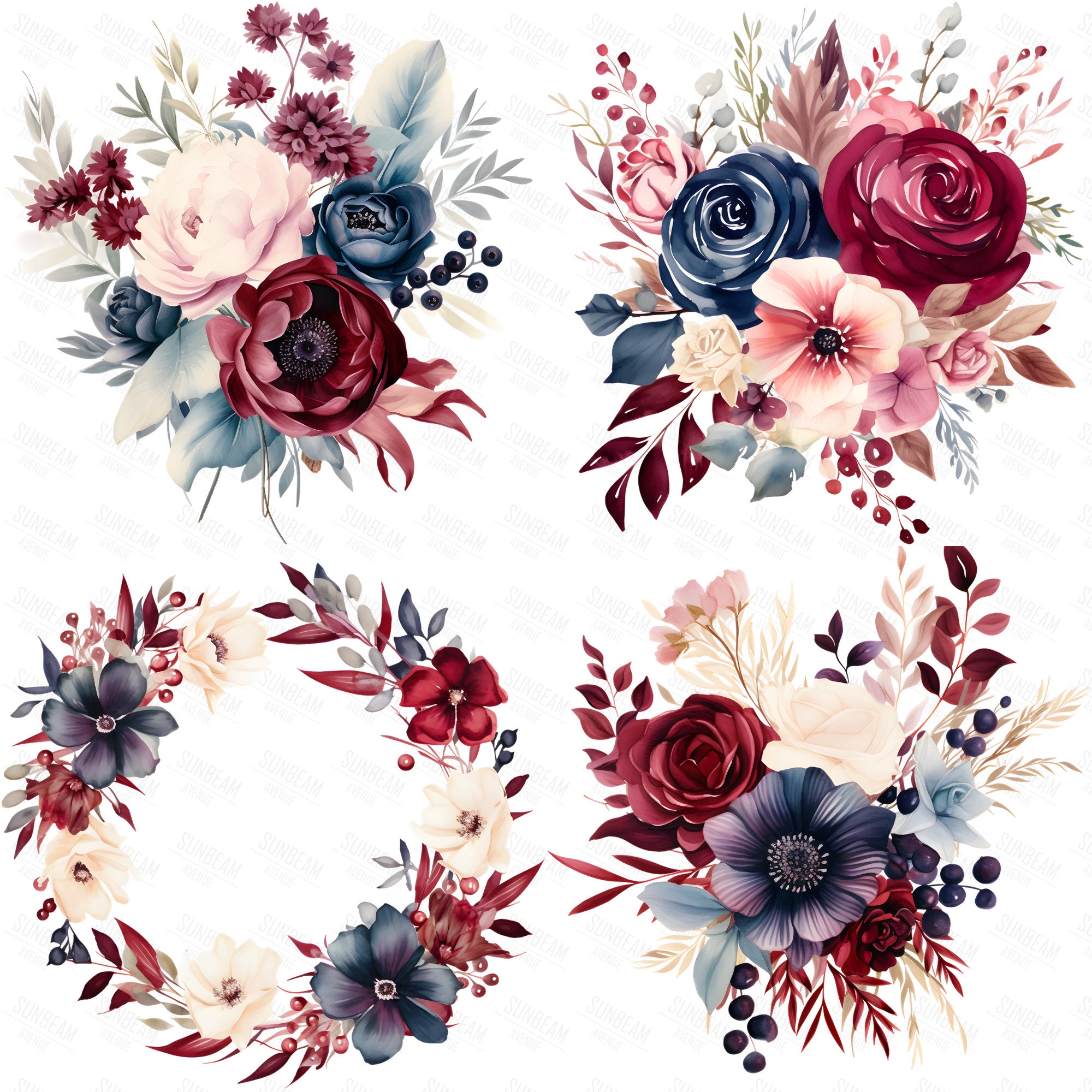 29 Burgundy and Navy Floral Clipart Bundle, Transparent PNG, Flower ...