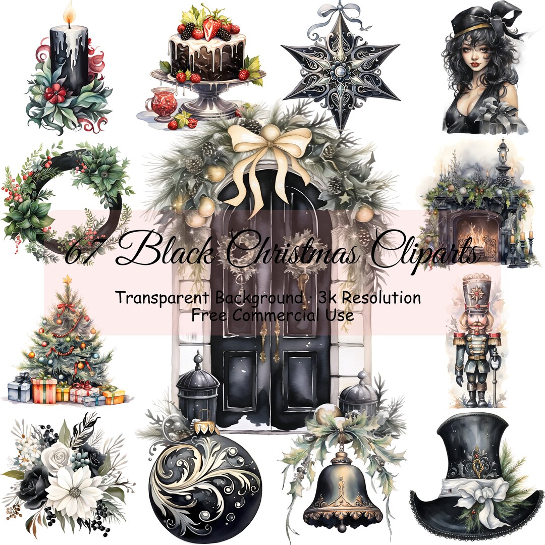 Set of 67 Black Christmas Clipart Watercolor Bundle, Transparent PNG ...