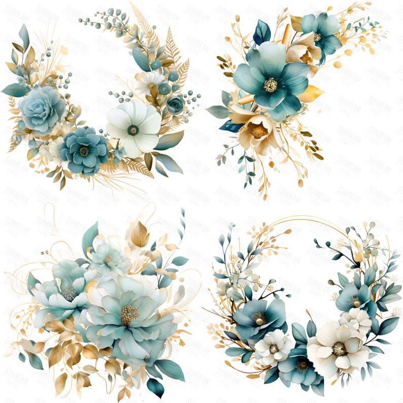 39 Teal and Gold Flowers Clipart Bundle, Transparent PNG, Flower ...