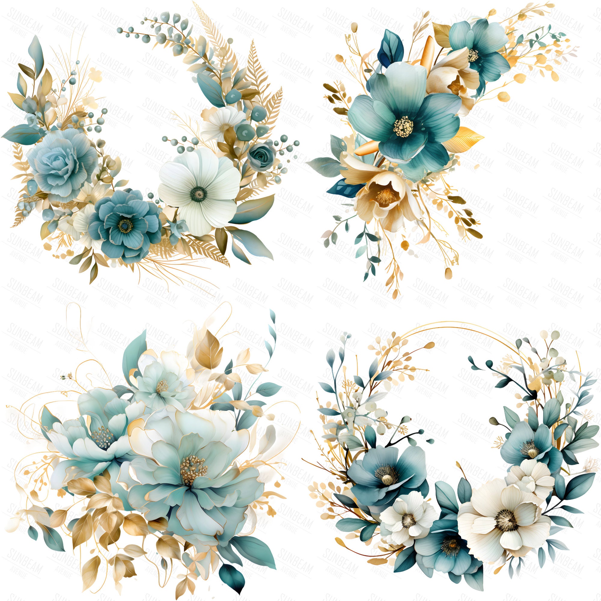 39 Teal and Gold Flowers Clipart Bundle, Transparent PNG, Flower ...