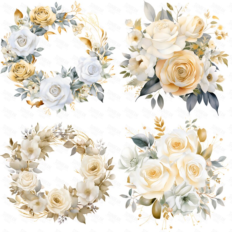 31 White and Gold Rose Clipart Bundle, Transparent PNG, Flower Bouquets ...