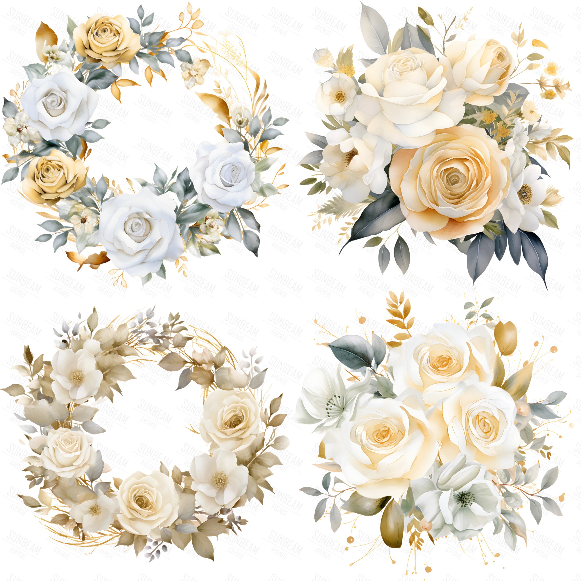 31 White and Gold Rose Clipart Bundle, Transparent PNG, Flower Bouquets ...