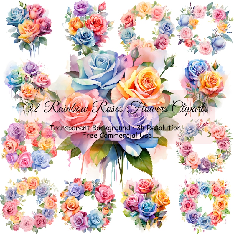 32 Rainbow Roses Flowers Clipart Bundle, Transparent PNG, Flower ...