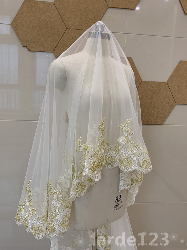 Vintage Cathedral Wedding Gold Lace Veil, Single Layer Lace Bridal ...
