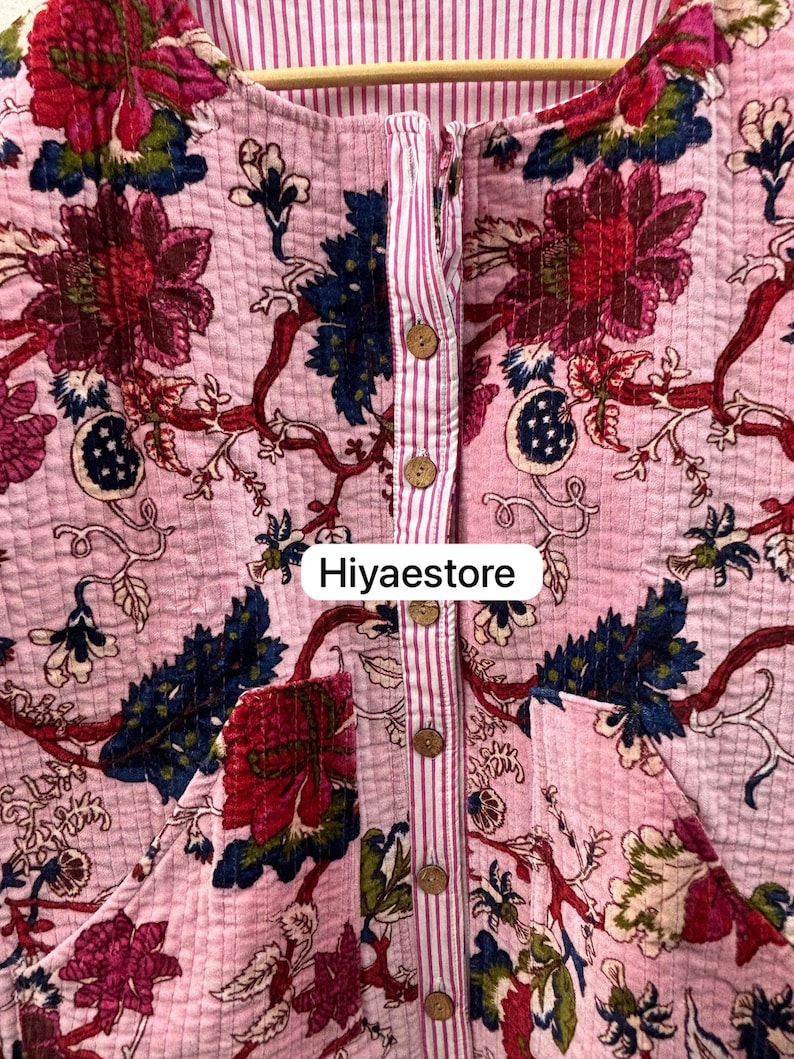 Floral Quilted Jacket – Handmade Cotton Padded Coat, Boho Layering Jacket With Pockets - Etsy