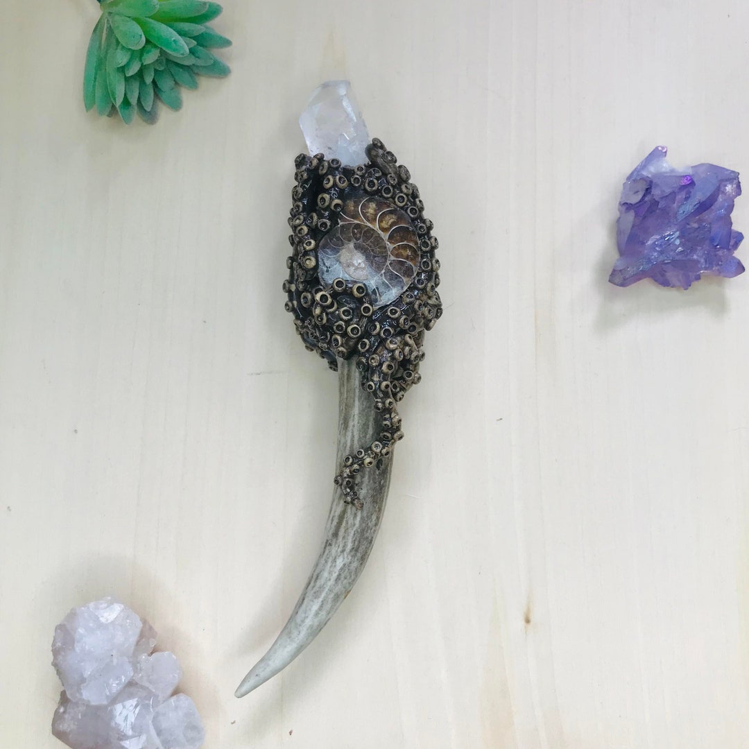 Deer Antler Wand W/ Ammonite Cabochon & Clear Quartz Crystal Point ...