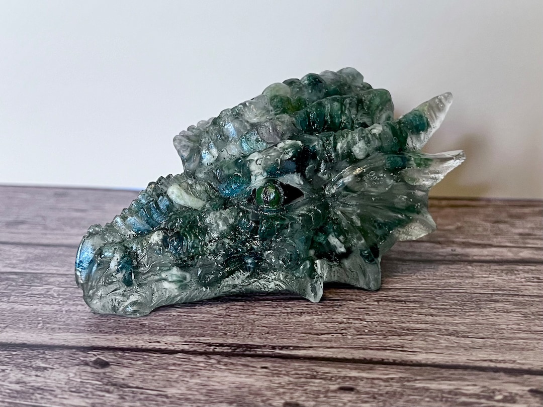 Moss Agate Dragon Head Resin Sculpture – Handcrafted Crystal Guardian ...