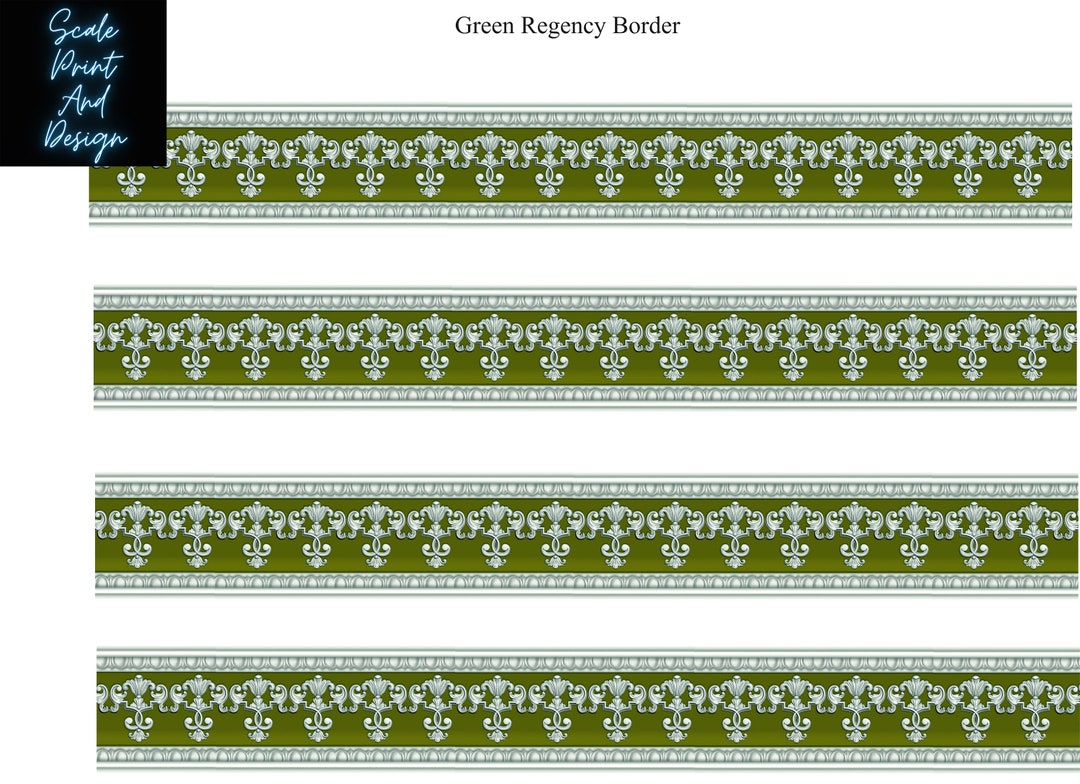 Green Regency Border Wainscot Sheet Dollhouse Miniature Wallpaper - All ...