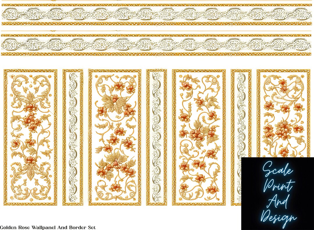Golden Rose Wallpanel and Border Set - Dollhouse Miniature Wallpaper ...