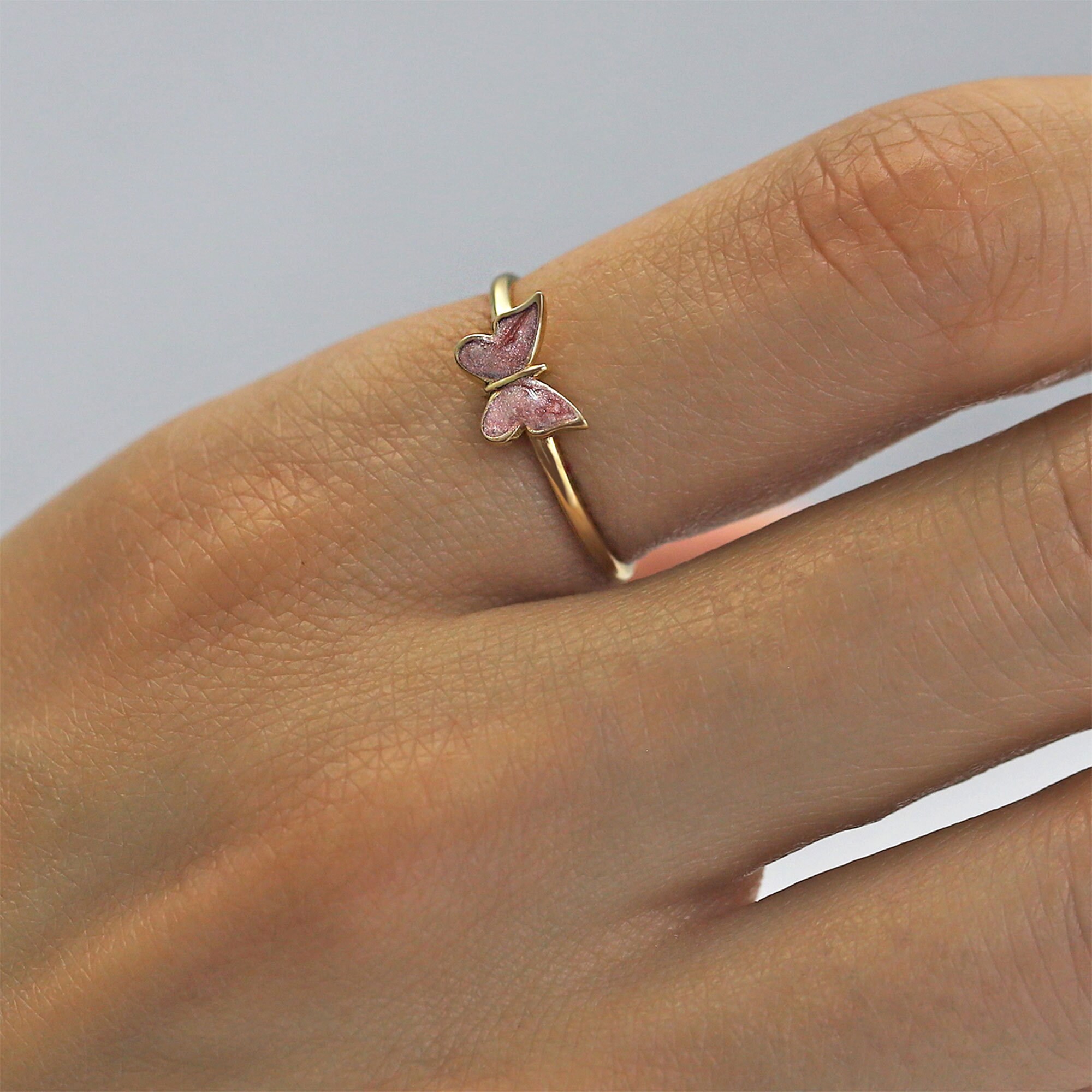 Pink Butterfly 14K Solid Gold Ring Non Tarnish Stackable Promise Ring ...