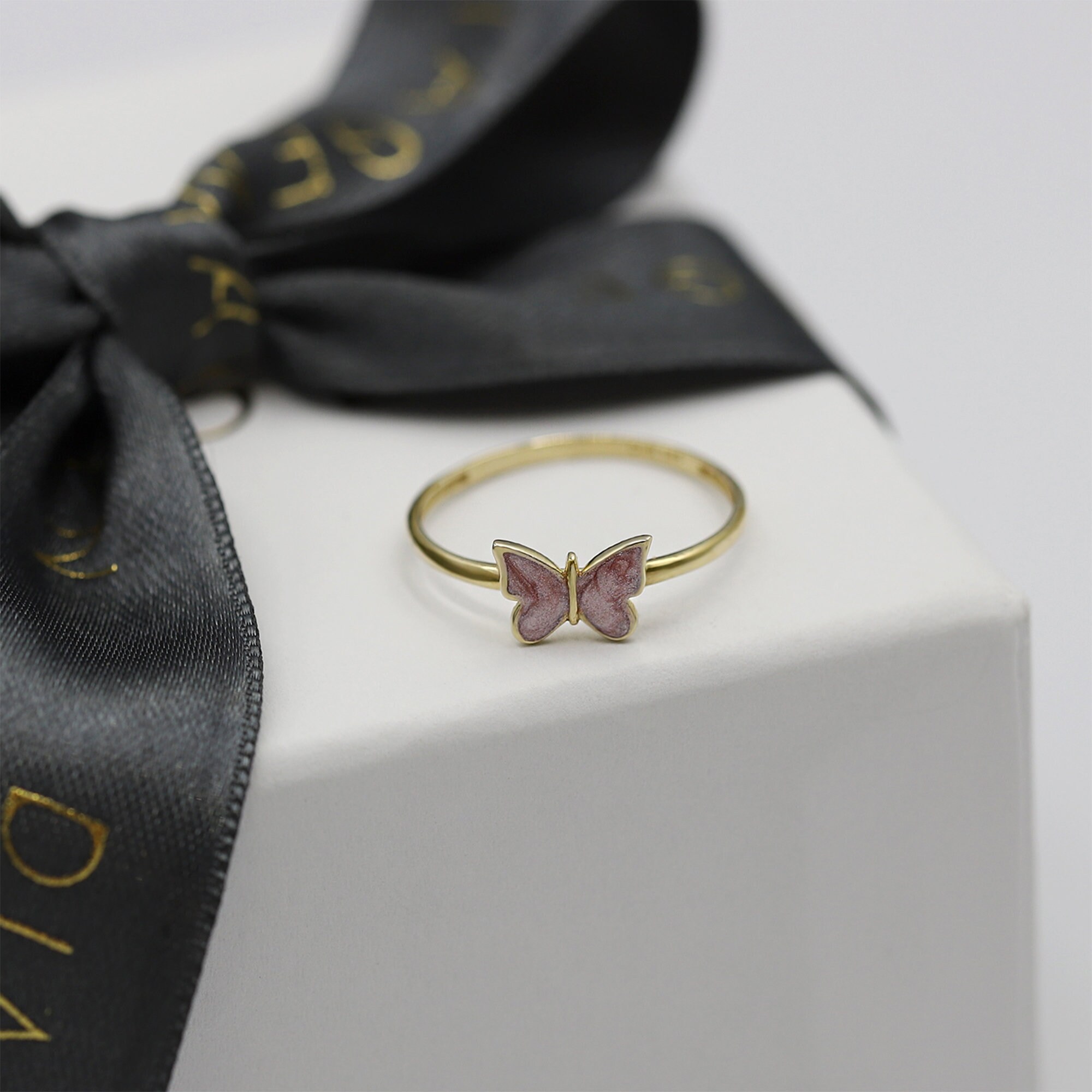 Pink Butterfly 14K Solid Gold Ring Non Tarnish Stackable Promise Ring ...