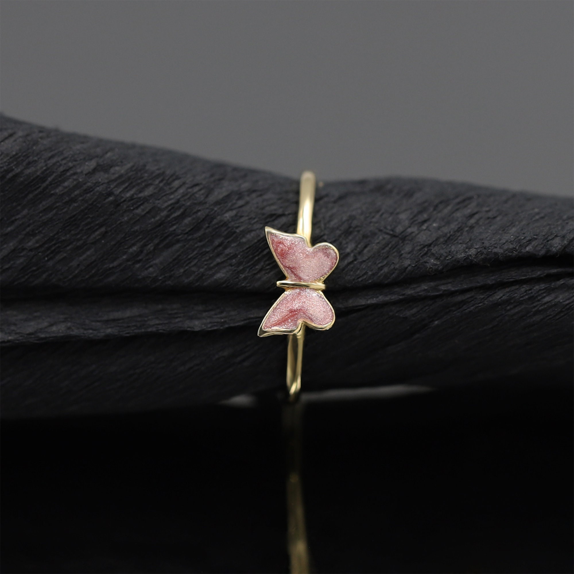 Pink Butterfly 14K Solid Gold Ring Non Tarnish Stackable Promise Ring ...