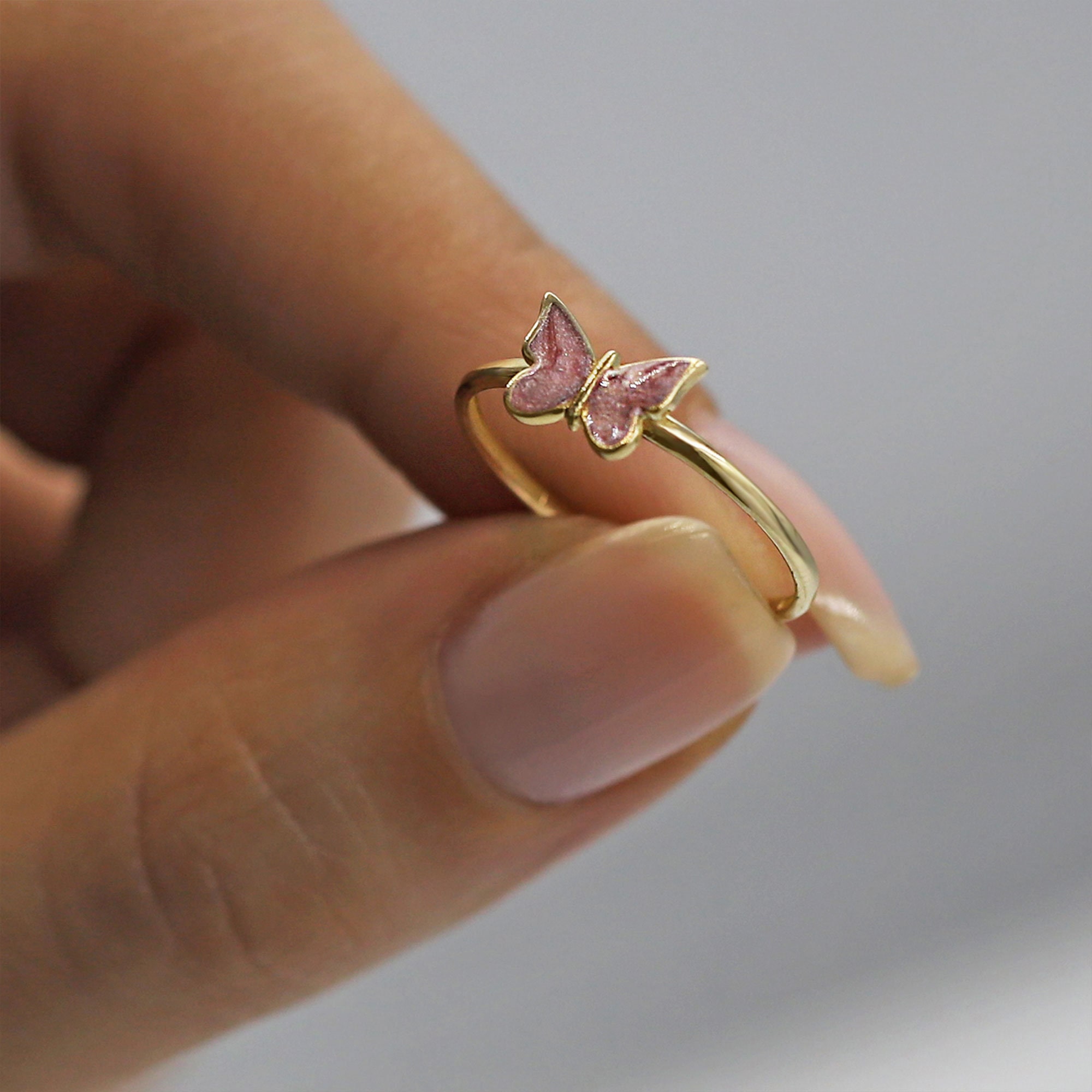 Pink Butterfly 14K Solid Gold Ring Non Tarnish Stackable Promise Ring ...