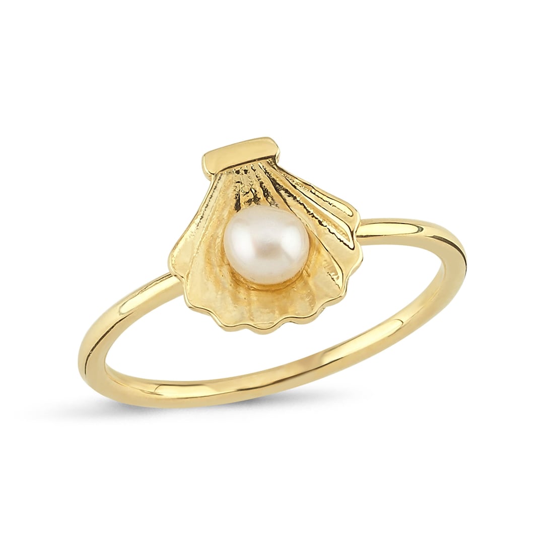 14K Solid Gold Pearl in Seashell Ring Minimalist Thin Stackable Non ...
