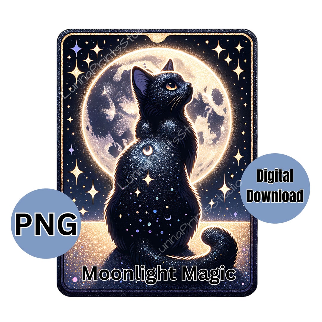Cat & Moon Tarot Card PNG Glittery Moonlight Magic Clipart, Cat Lovers ...
