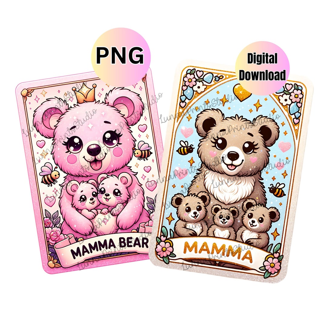 2 Mamma Bear Tarot Card PNG Designs, Pink Blue Sublimation Clipart for ...