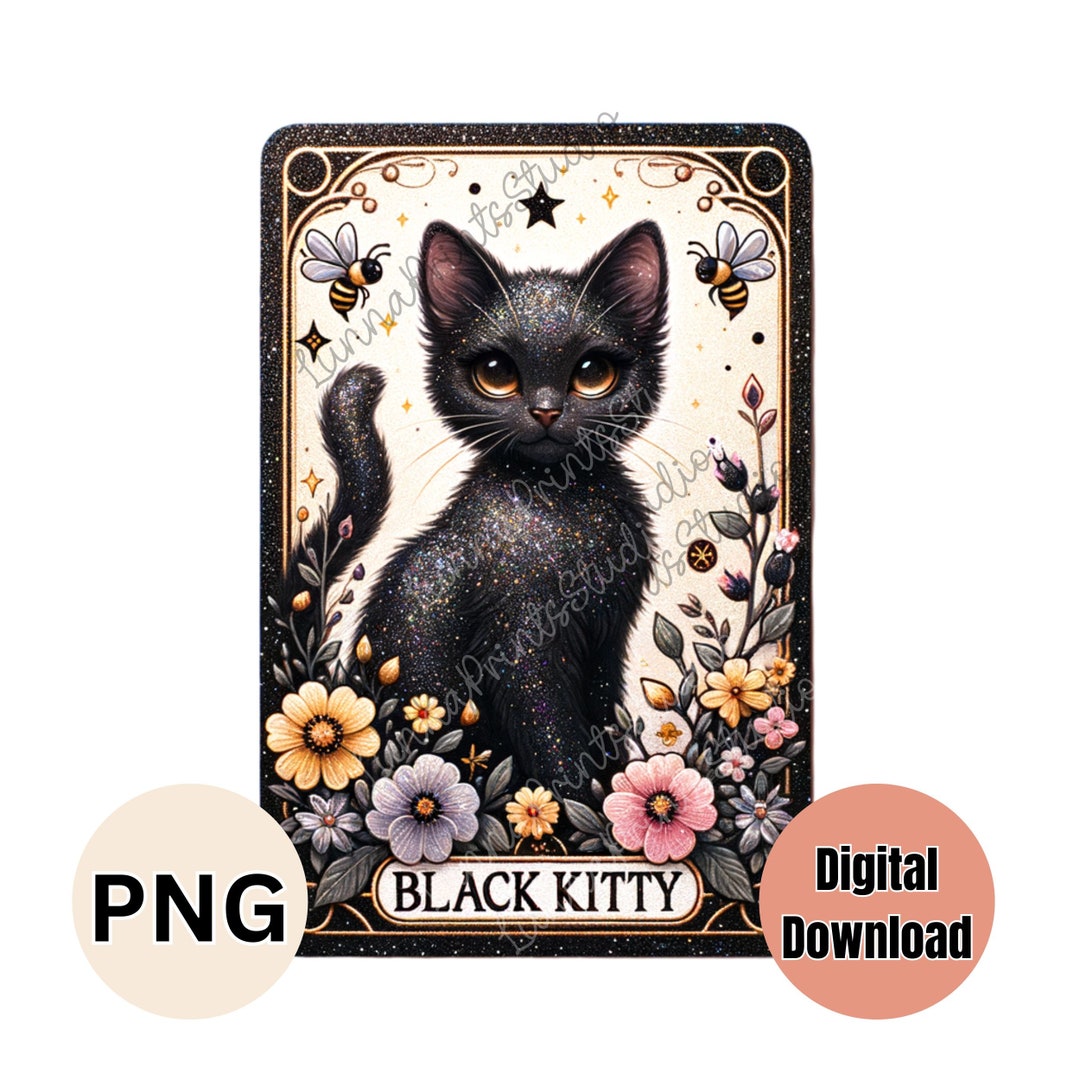Black Kitty Cat Tarot Card PNG Glittery Clipart, Cat Lovers Sublimation ...