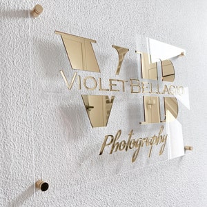 Custom Gold Mirror Acrylic Business Sign, Clear Acrylic, Golden Studs ...