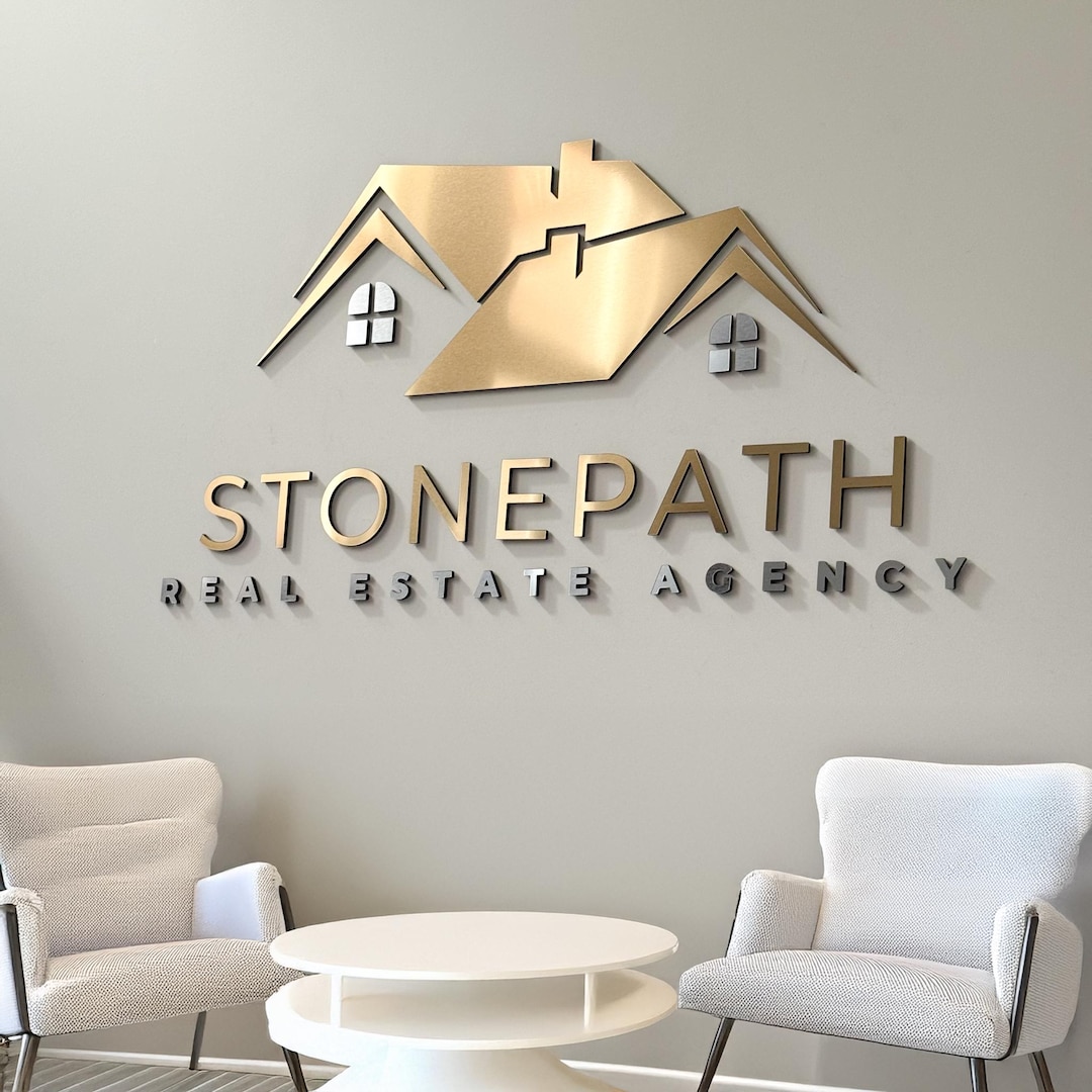 Real Estate Office Wall Sign – Brushed Gold & Silver Acrylic Logo for ...