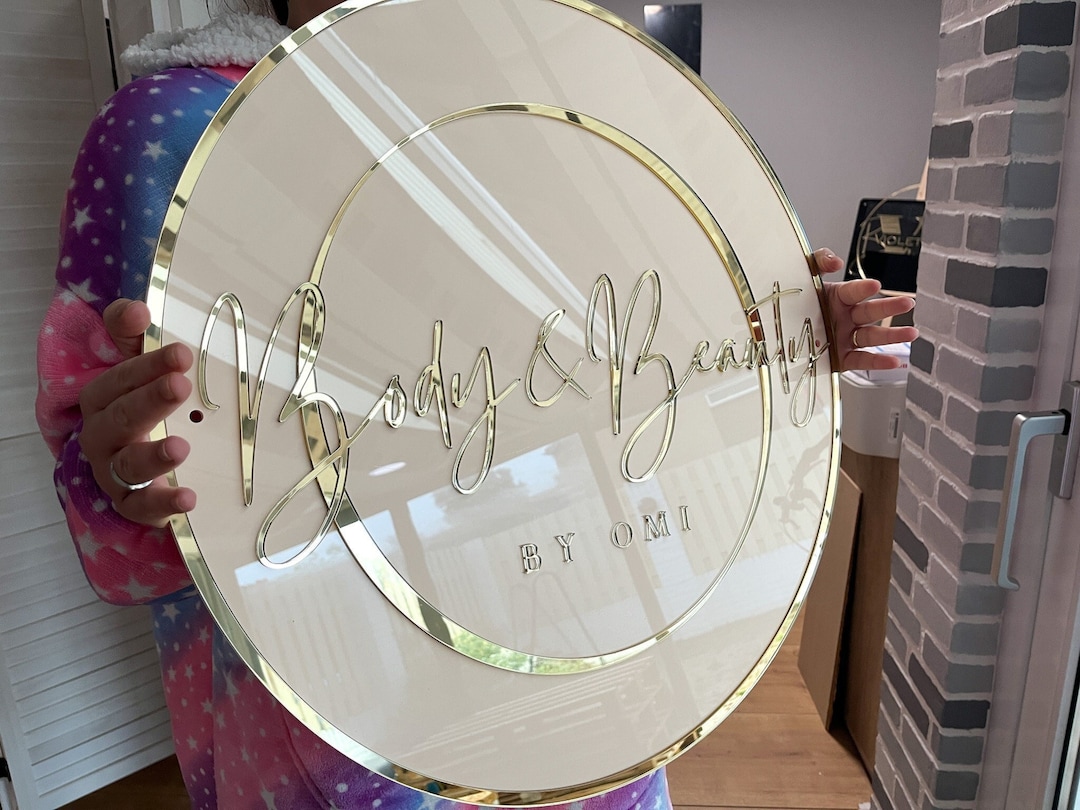 Custom Round Acrylic Business Sign With Golden Edges and Golden ...