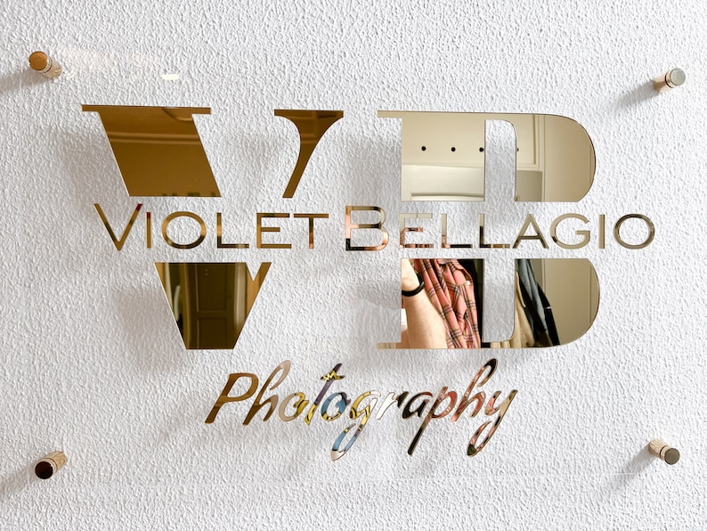 Custom Gold Mirror Acrylic Business Sign, Clear Acrylic, Golden Studs ...