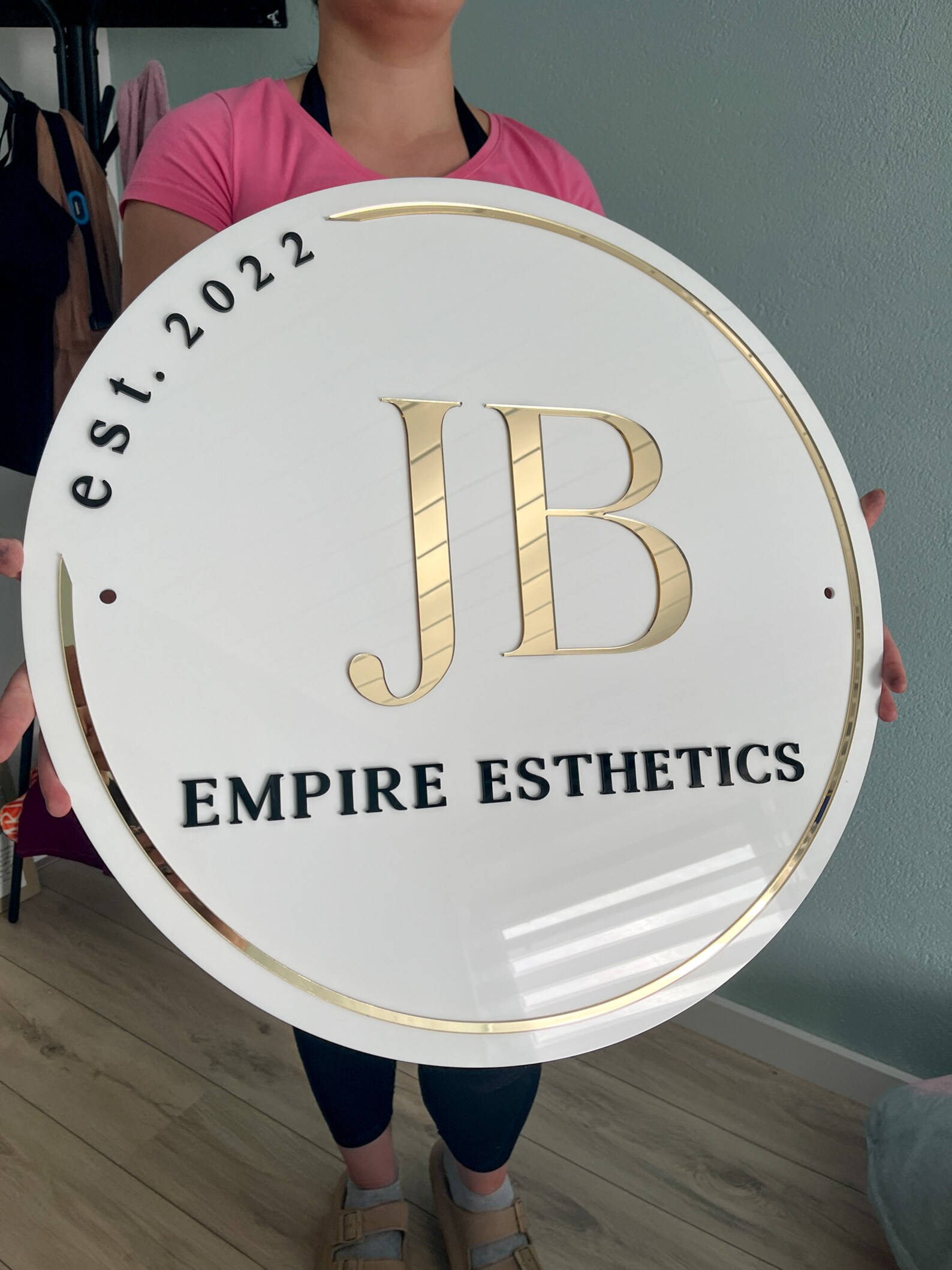 Circle Acrylic Wall Sign on White Background, Gold and Black Lettering ...