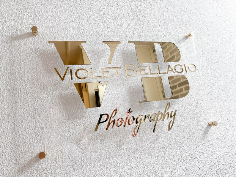 Custom Gold Mirror Acrylic Business Sign, Clear Acrylic, Golden Studs ...
