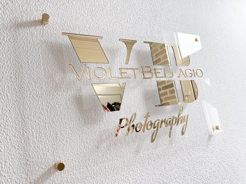 Custom Gold Mirror Acrylic Business Sign, Clear Acrylic, Golden Studs ...