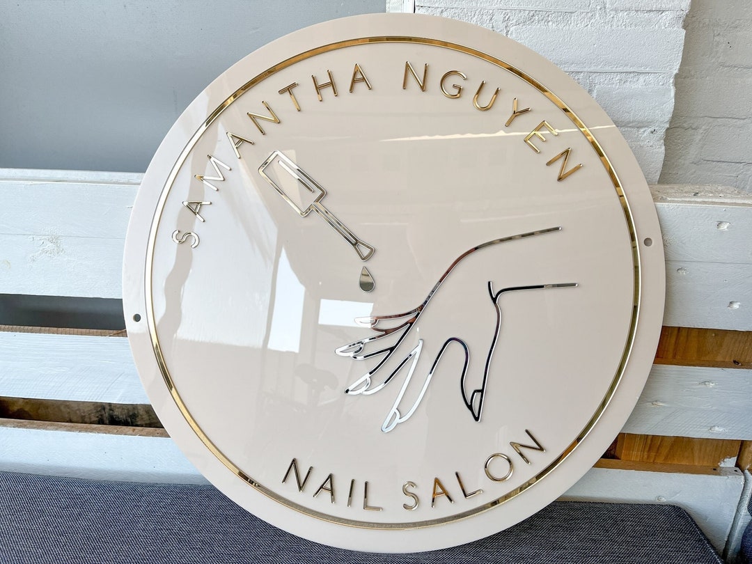 Nail Salon Sign in Beige Color With Golden Lettering Silver Mirror Logo ...