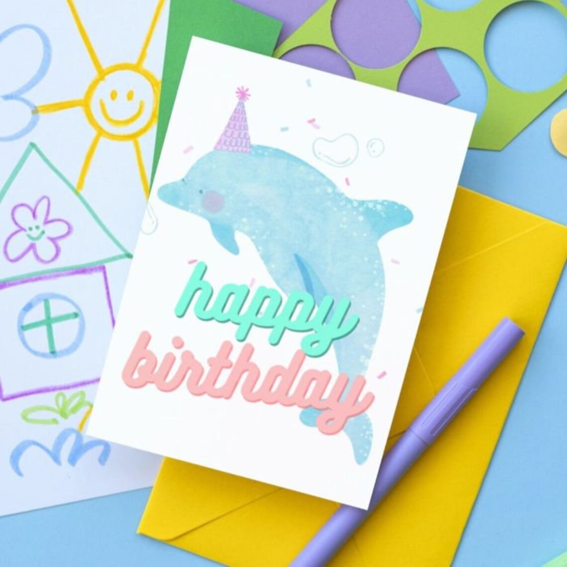 Dolphin Printable Birthday Card 5x7 Gift for Kids Birthday. Dolphin ...