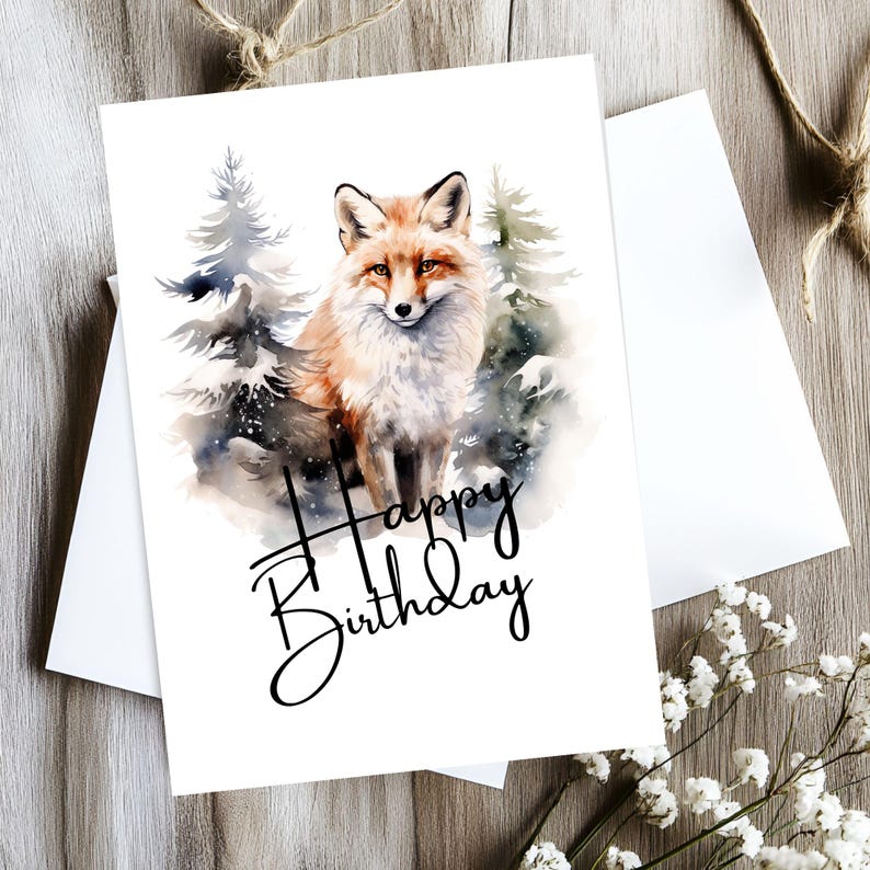 Printable Fox Birthday Card | 5x7 Winter Landscape | Instant Download ...