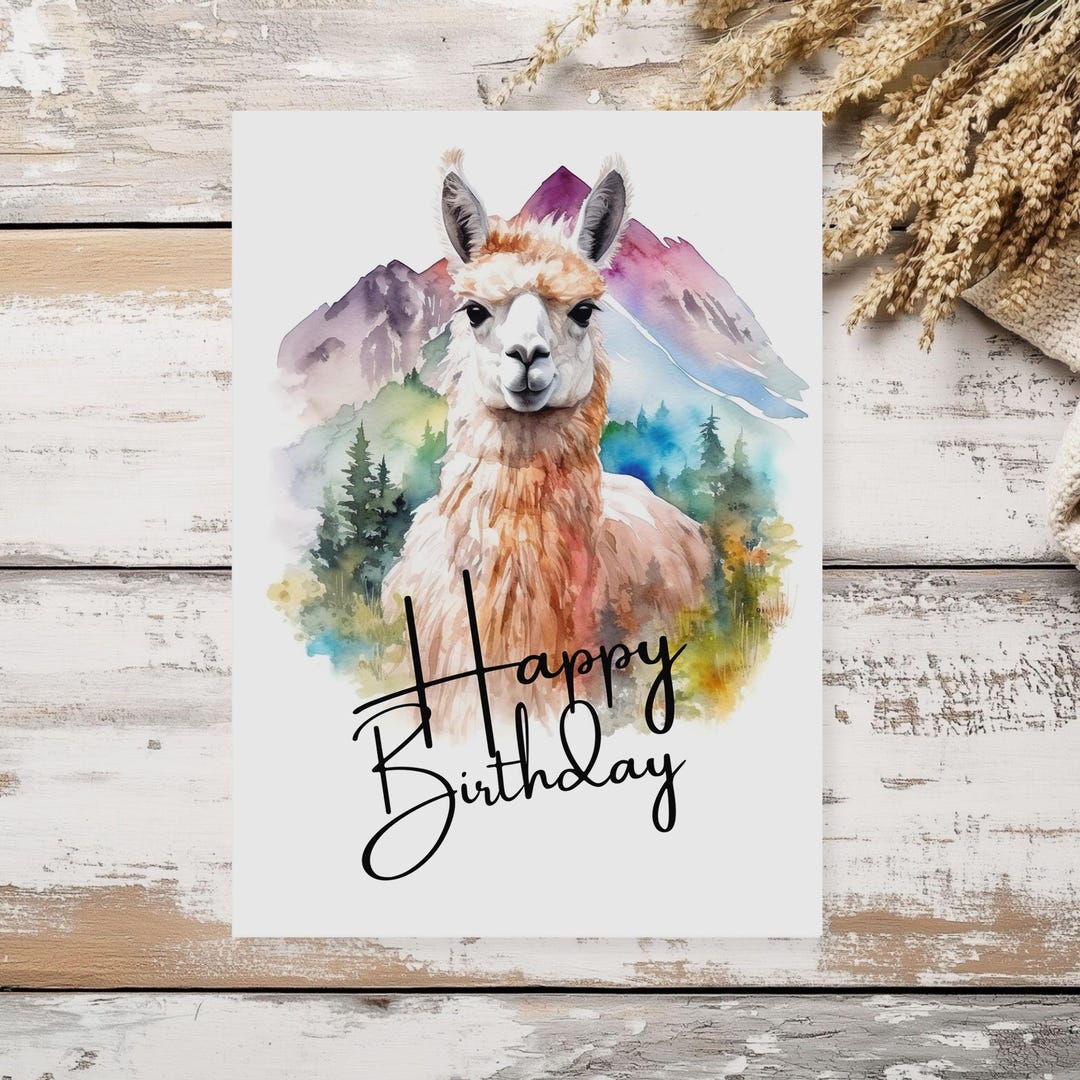 Printable Llama Birthday Card | 5x7 Mountain Landscape Print | Instant ...