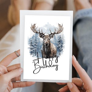 Printable Moose Birthday Card | 5x7 Winter Forest Card | Instant ...