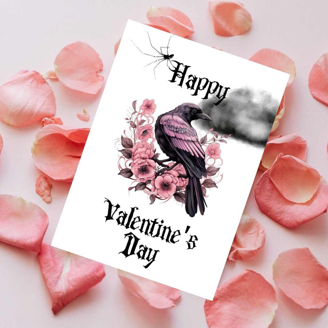 Printable Gothic Raven Valentine's Card Black and Pink Raven Gift ...