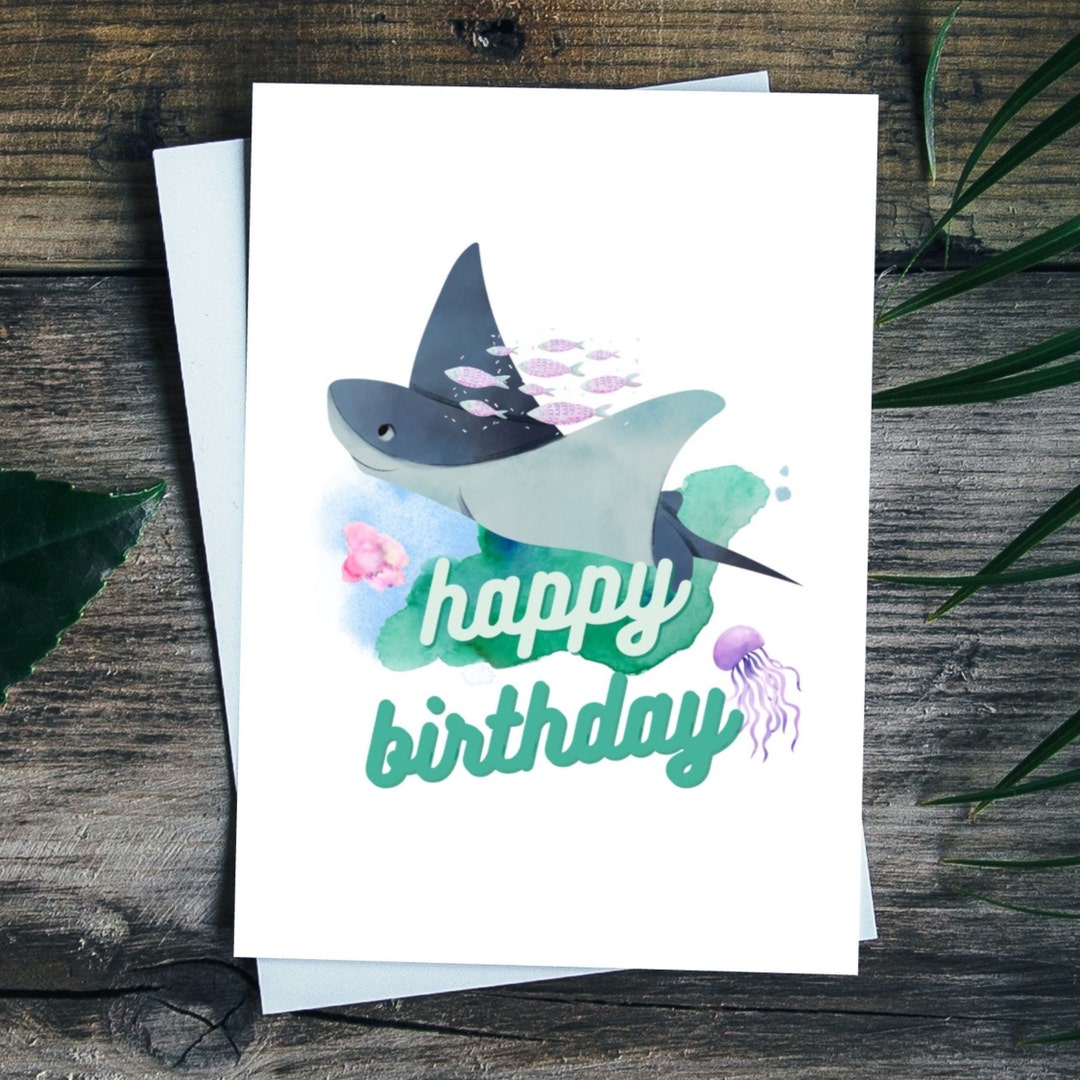 Printable Manta Ray Birthday Card. 5x7 Devil Fish Print for Kids ...