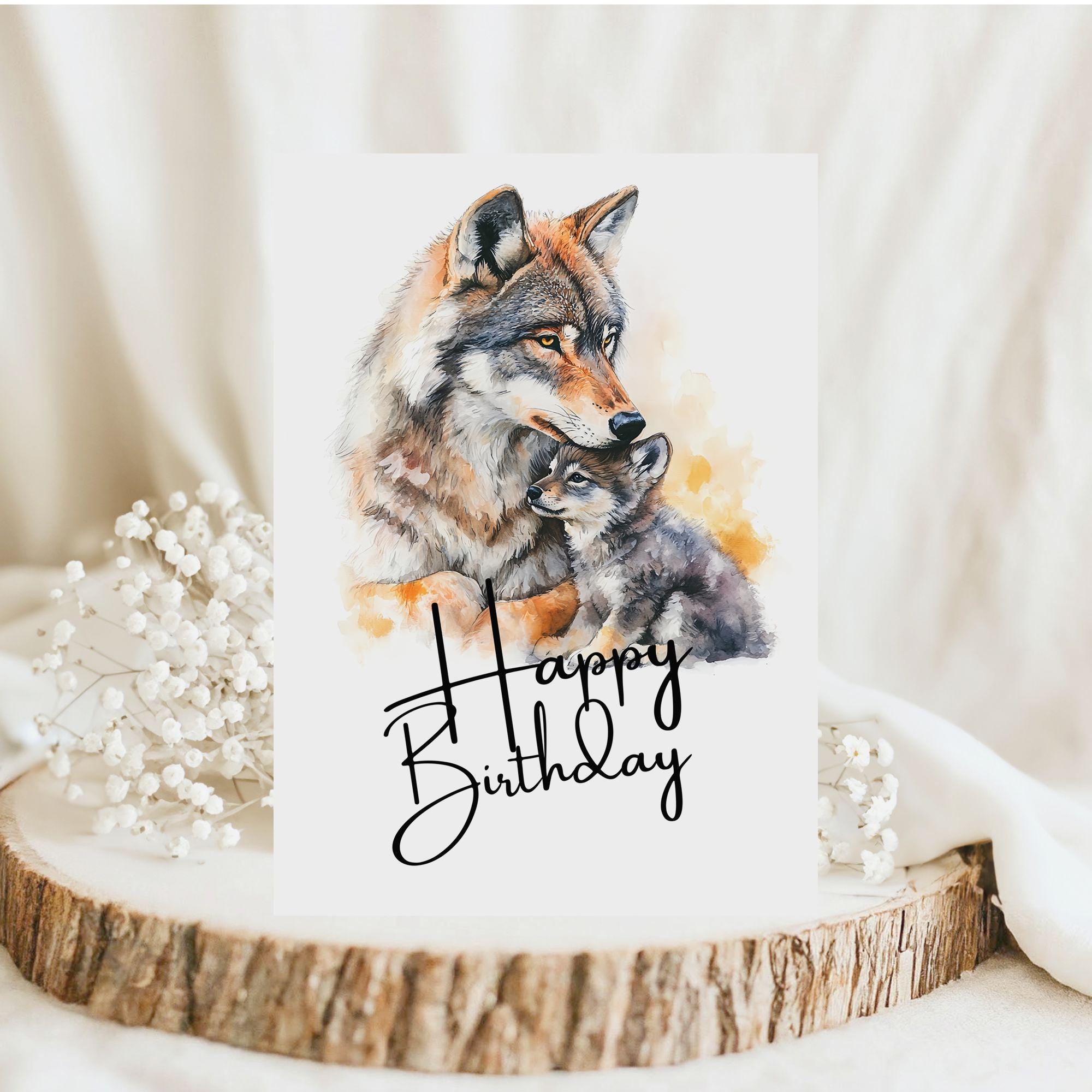 Printable Wolf Birthday Card, 5x7 Wildlife Art Print Digital Download ...