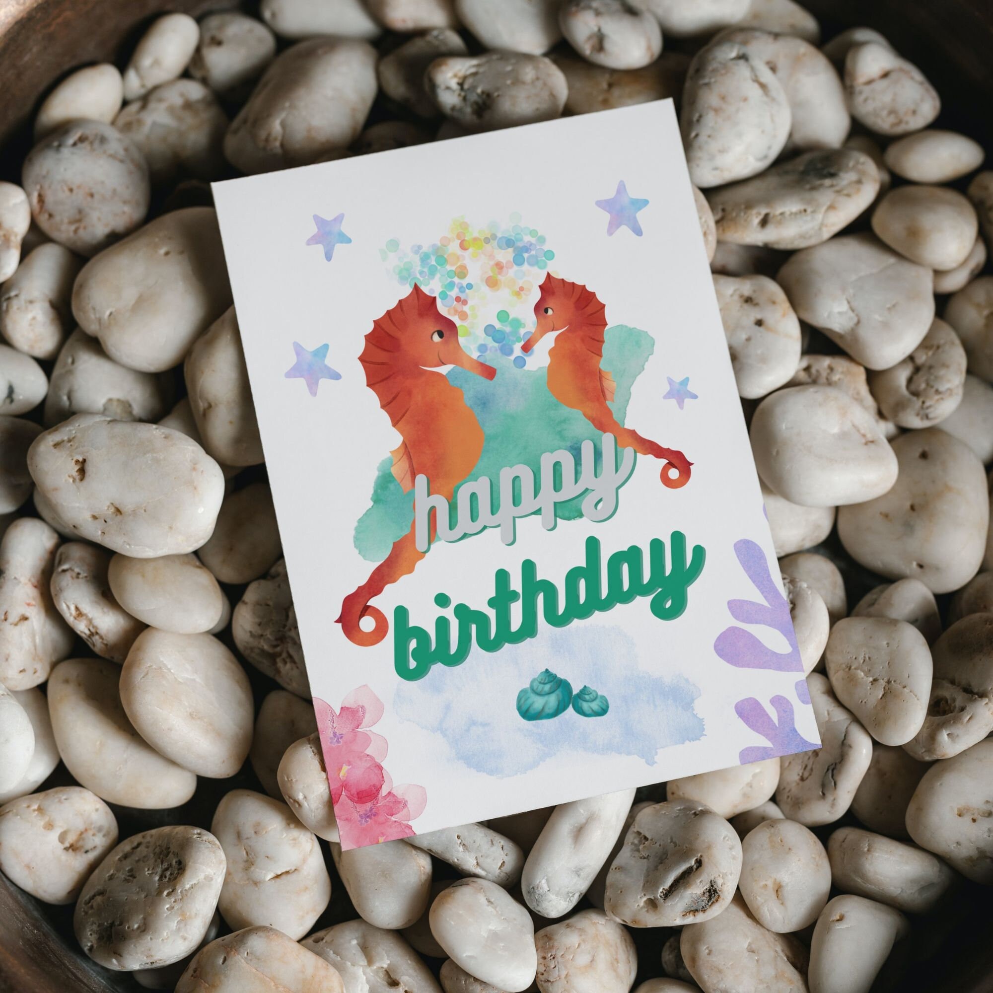 Printable Seahorse Birthday Card for Kids. 5x7 Ocean Printable. Seahorse Card Coral Reef for ...