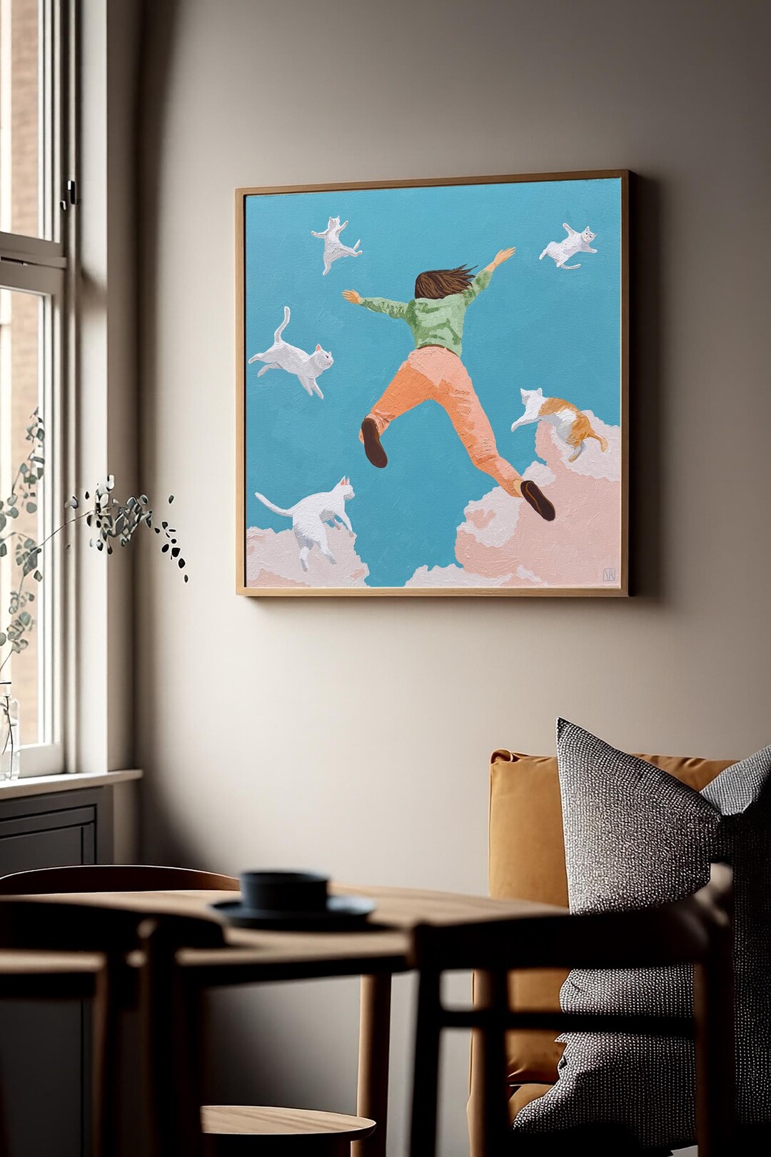 Woman Falling Into Her 40s – Original Oil Painting, Surreal Cat Art ...