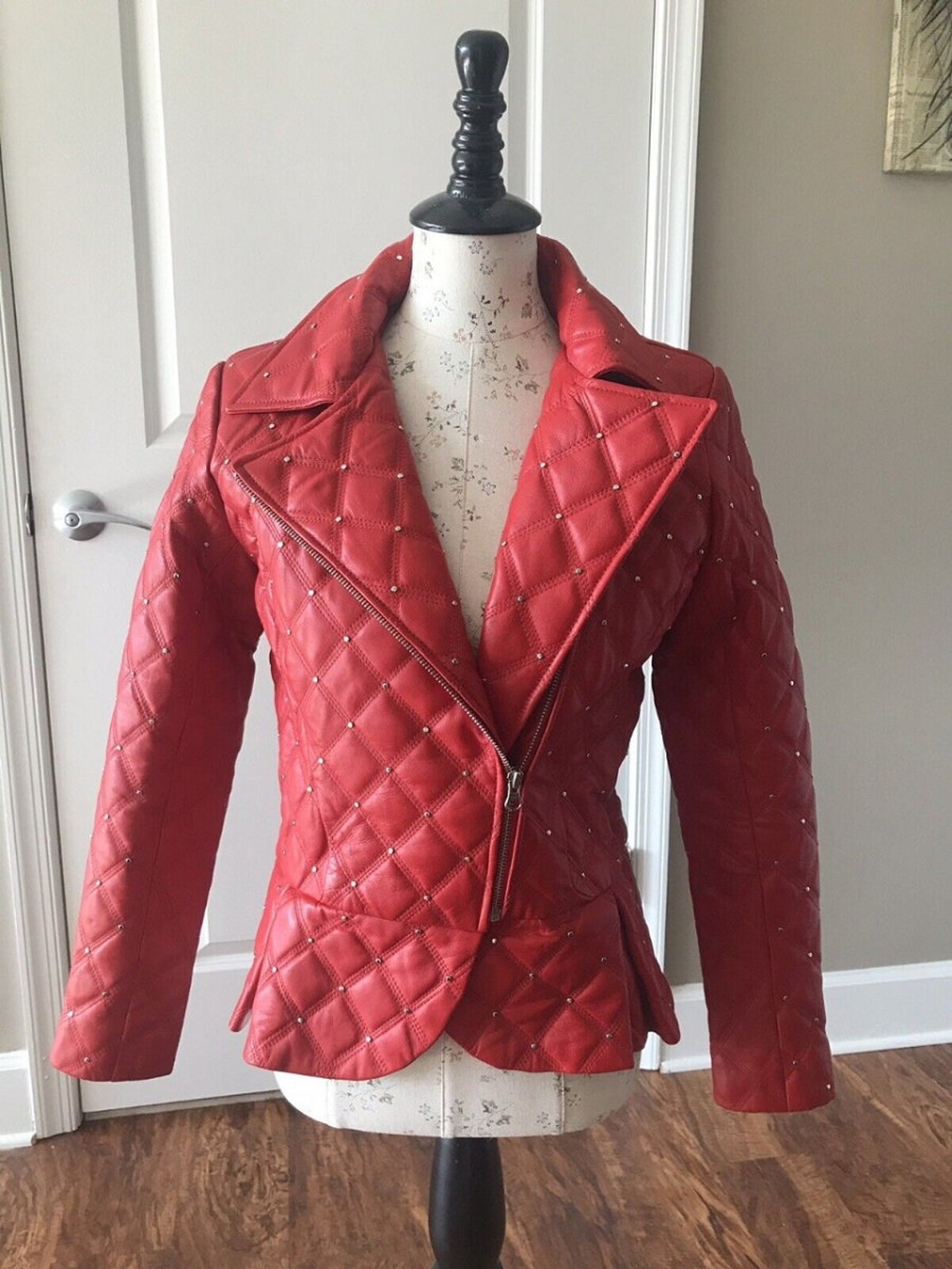 RED Long Leather Jacket, Leather Jacket Red Colour DIAMONDS Quilt Coat ...
