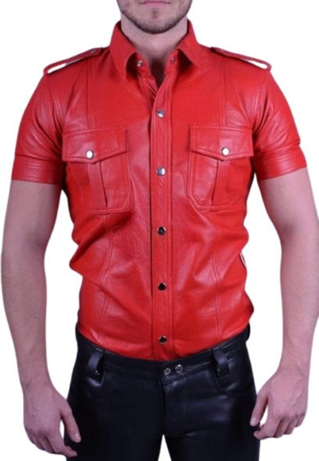 Leather Short Sleeve Shirt, Police Leather Shirt, Handmade RED Leather ...