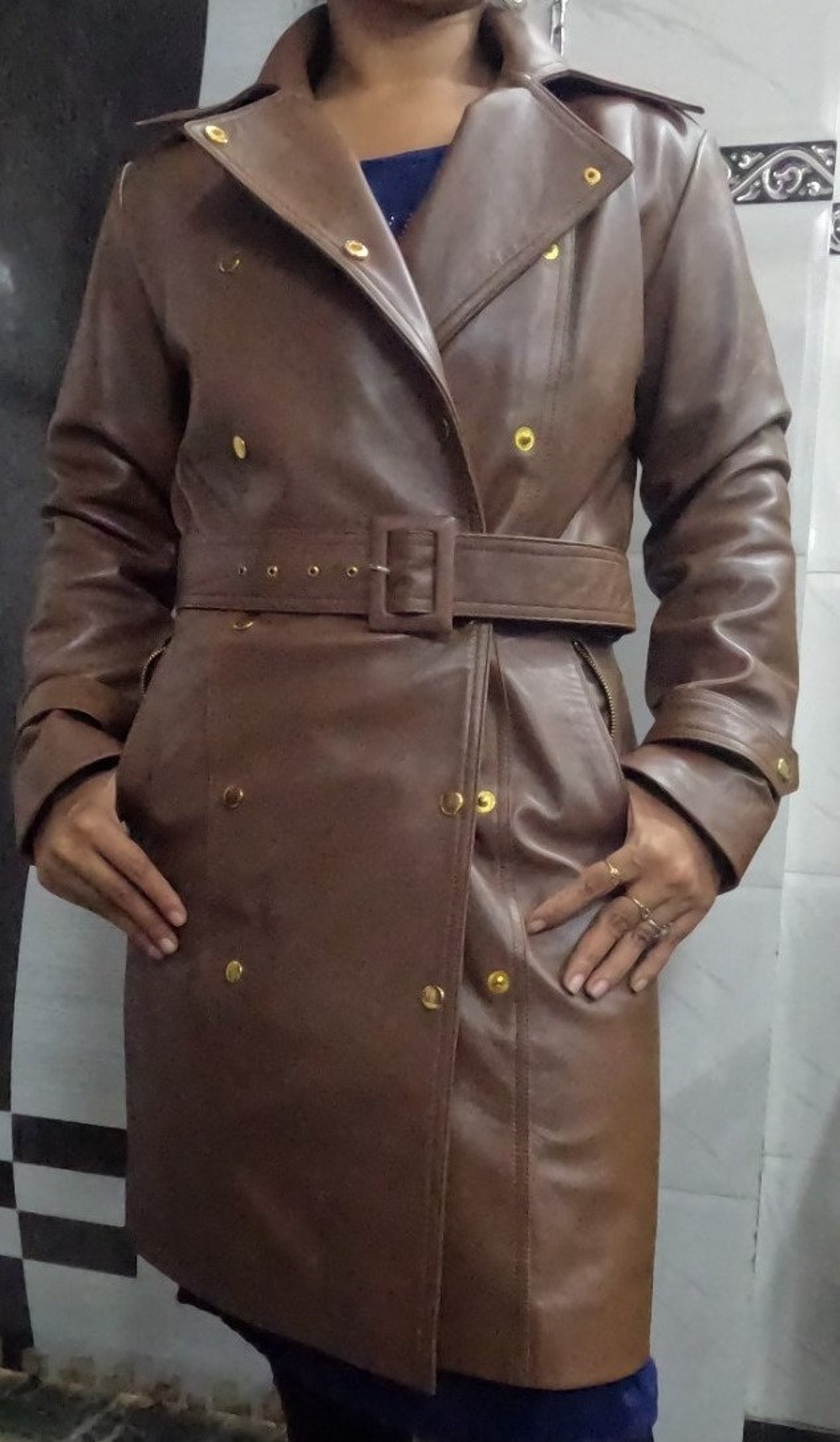 Womens BROWN Leather Trench Coat | Double Breasted Leather OVERCOAT ...