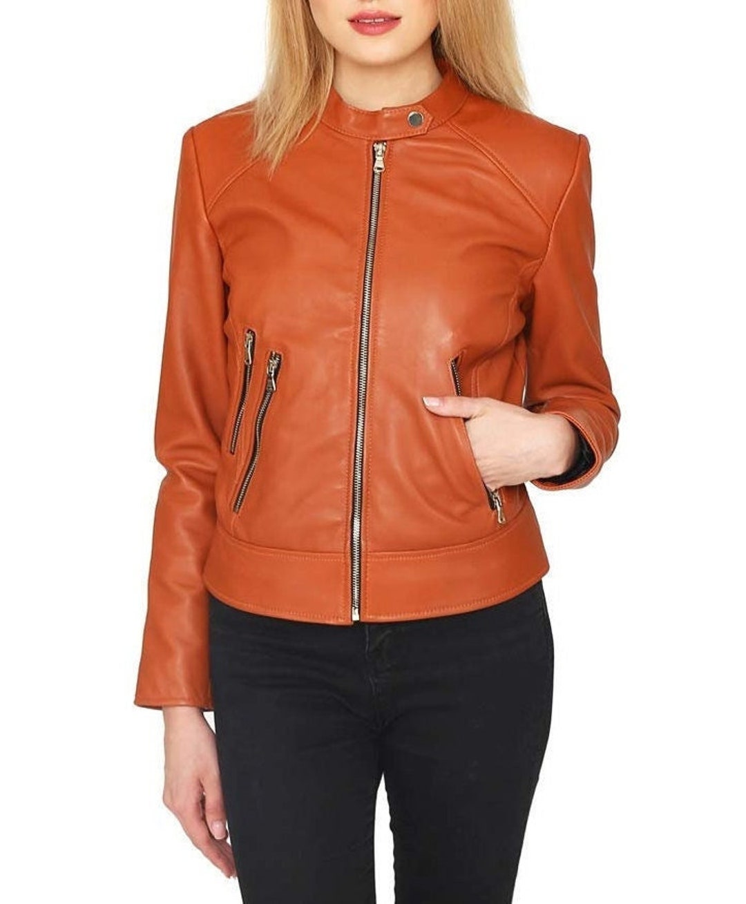 Women's ORANGE Leather Jacket, QUILTED Designer Party Wear Jacket ...