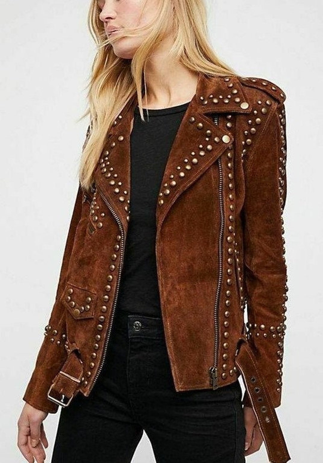 Women BROWN Suede Leather Jacket Slim Fit Studded Leather - Etsy