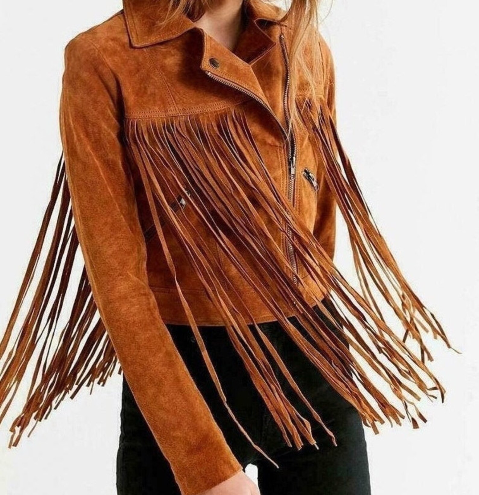 Womens Suede Leather Fringe Jacket, Slim Fit Biker FRINGE CROPPED Suede ...